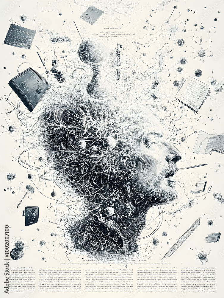 Dark, reflective, surreal black and white poster of head disintegrating ...