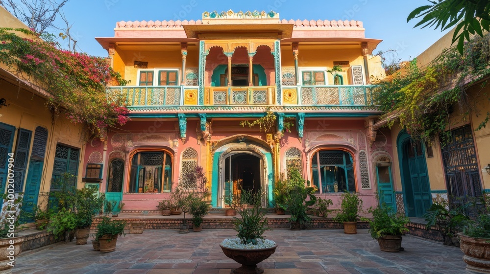 Lively and colorful exterior of a traditional Indian Haveli Reflecting ...