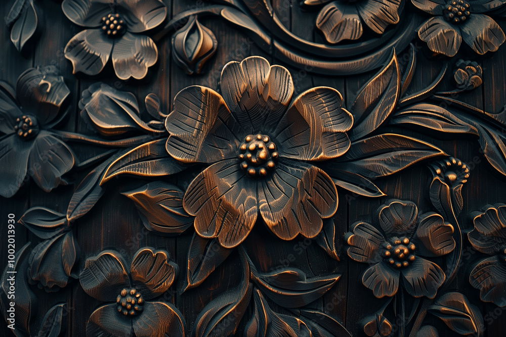 Hand-carved wooden surface with floral and nature-inspired patterns ...