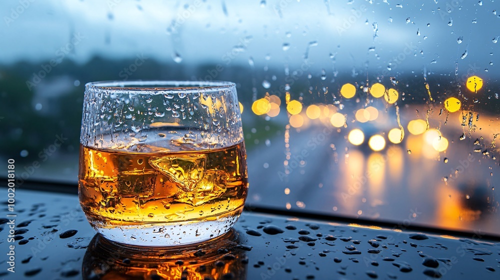 Glass of alcohol placed next to a steering wheel with raindrops on the ...