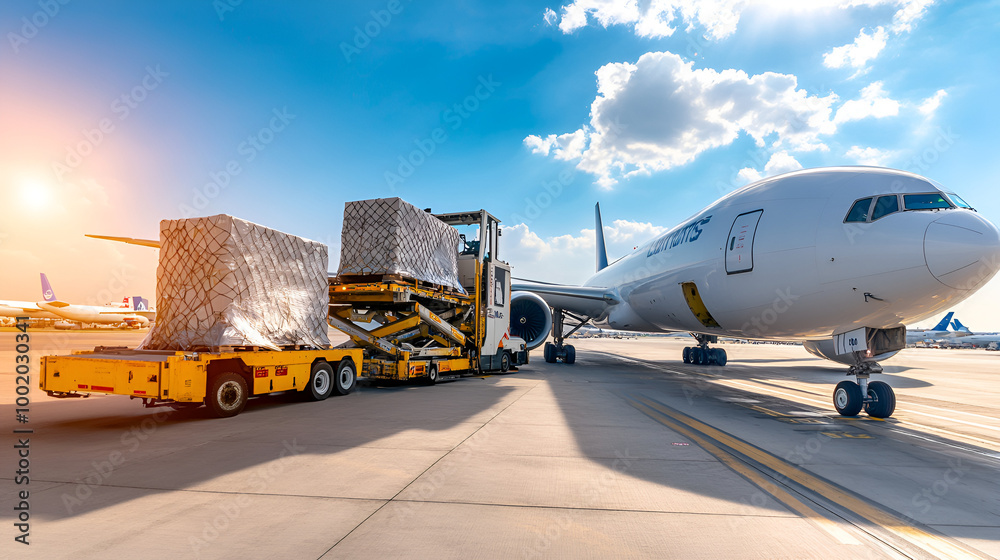 air cargo freighter loading luggage and freight with high loader at ...