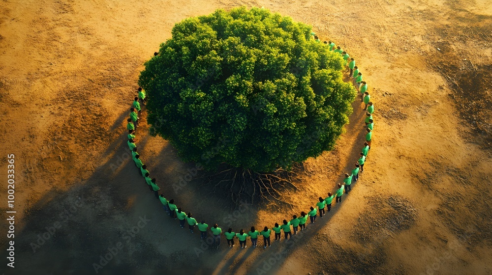 Group of people wearing green shirts, forming a human chain around a ...