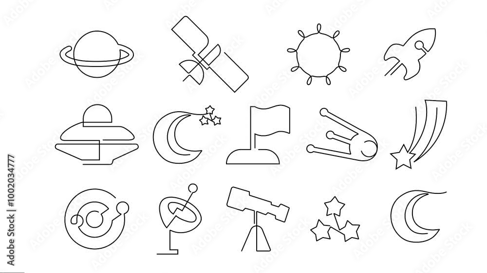 Space icon set Continuous single line art Animation. Animated Video of ...