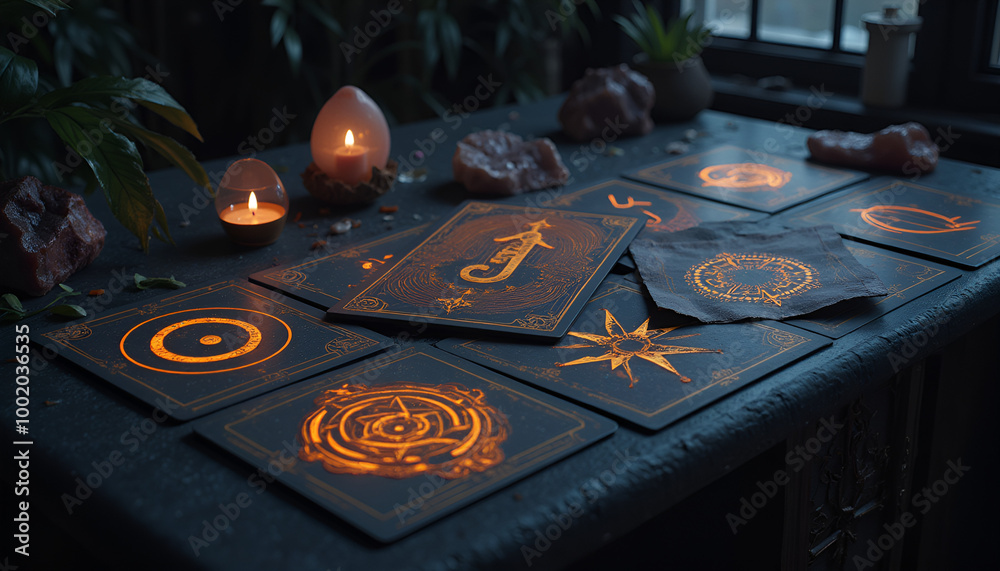 Moody tarot reading setup with glowing orange cards, candles, and ...