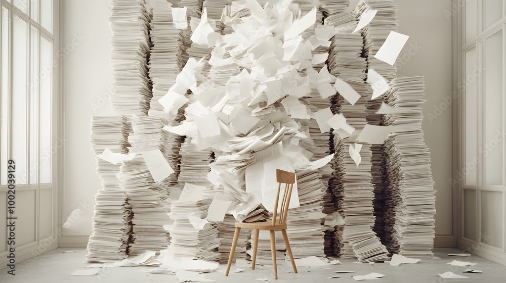Paper Storm: A solitary chair stands amidst a swirling vortex of white ...