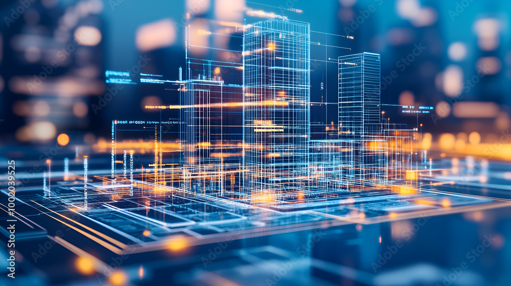 digital construction building information modeling bim concept with 3d model and blueprints ...