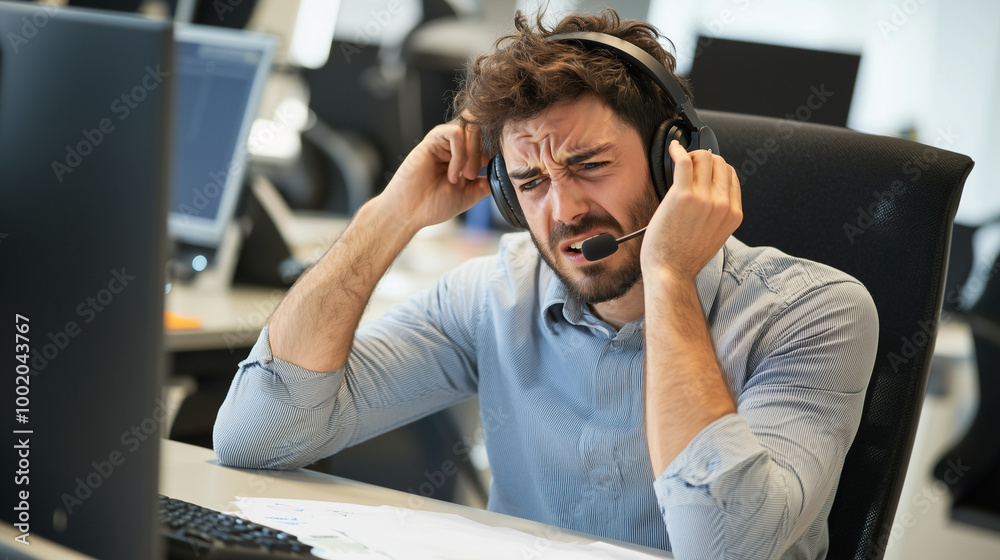 Stressed Out Customer Service Agent: A young man with headphones on ...