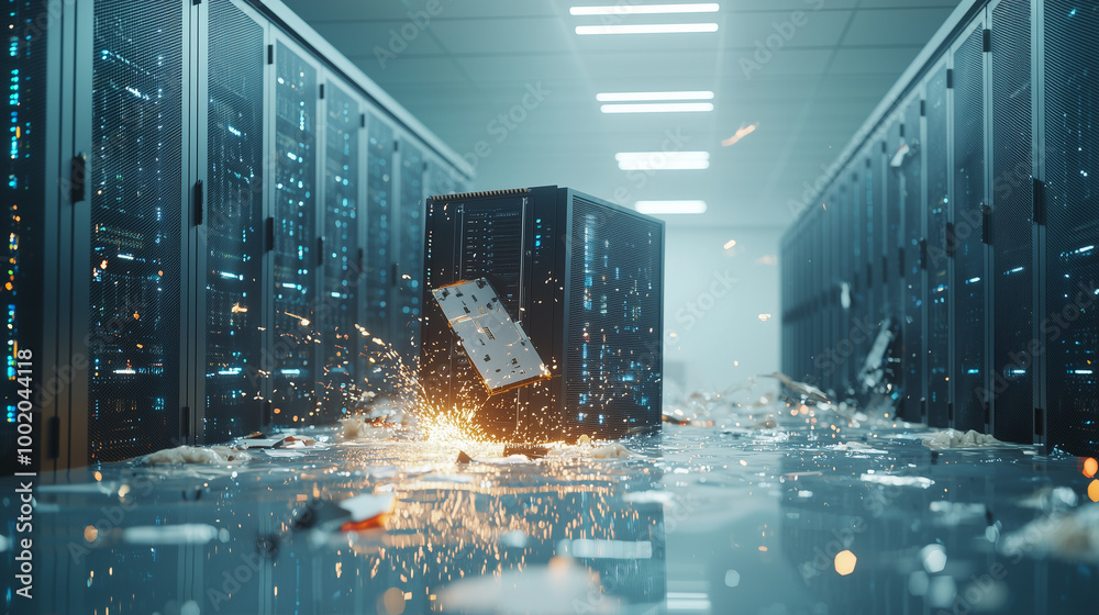 Data Center Disaster A Server Room In Chaos With A Shattered Server