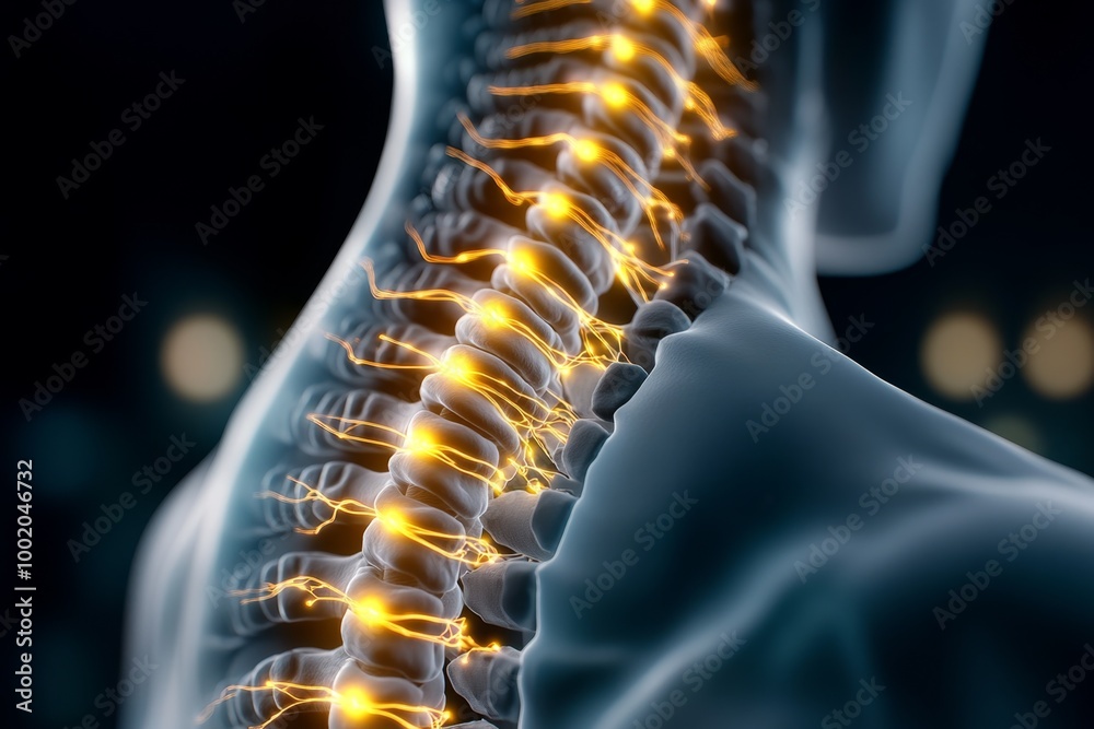 3D-rendered spinal cord with glowing neural signals, showing how motor ...