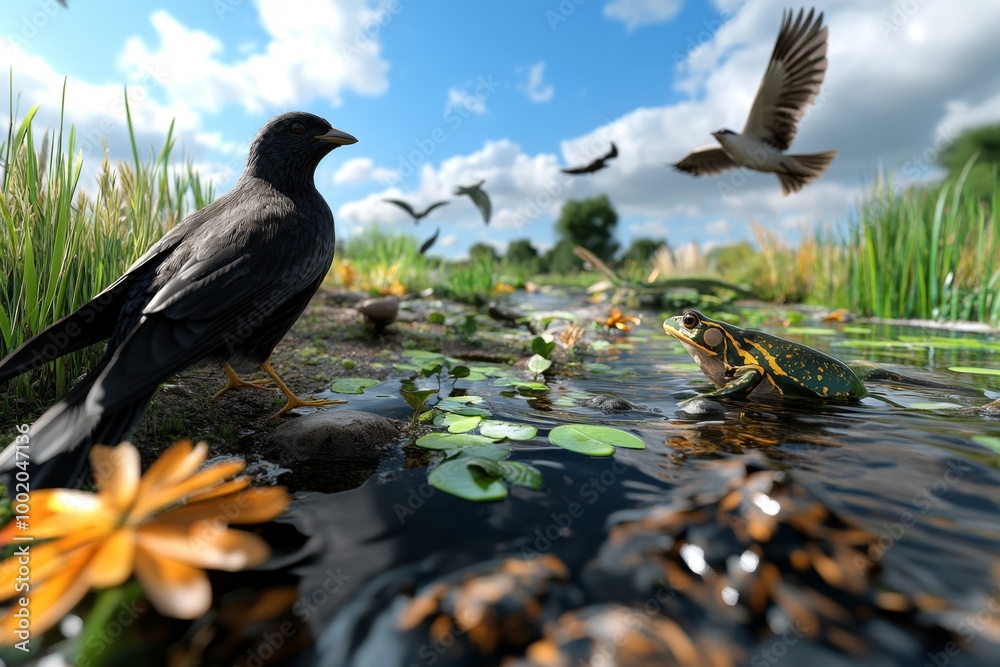 3D-rendered wetland ecosystem, with birds, amphibians, and aquatic ...