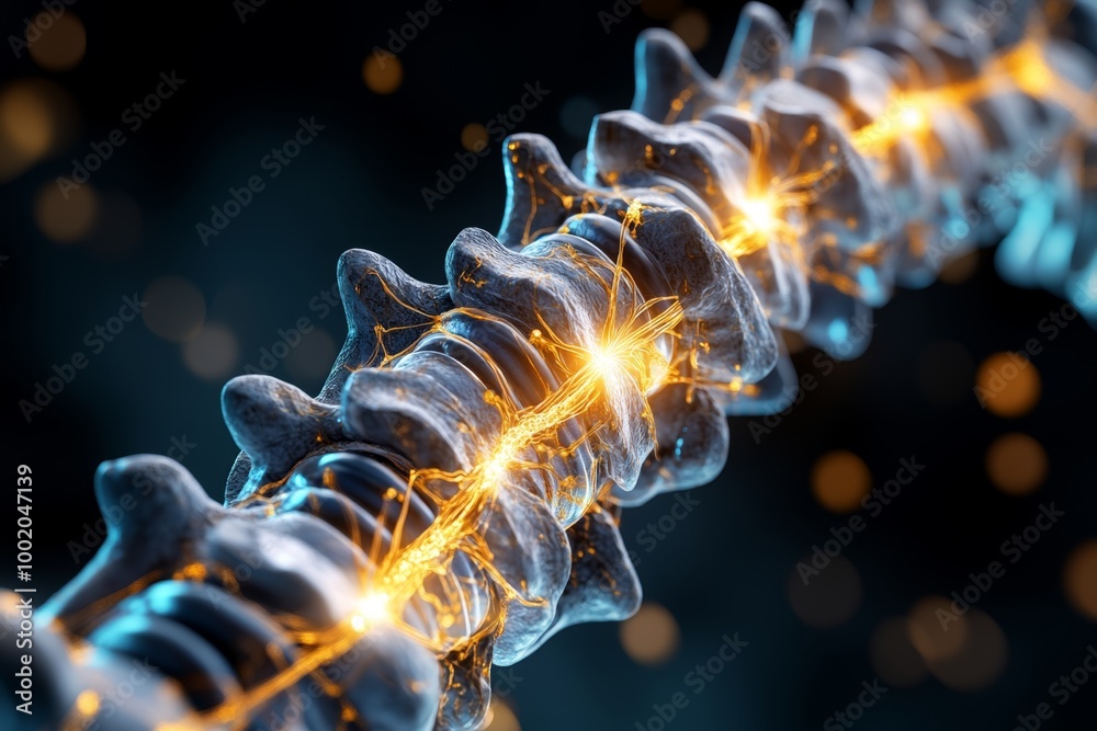 A 3D-rendered image of the human spinal cord, highlighting the ...