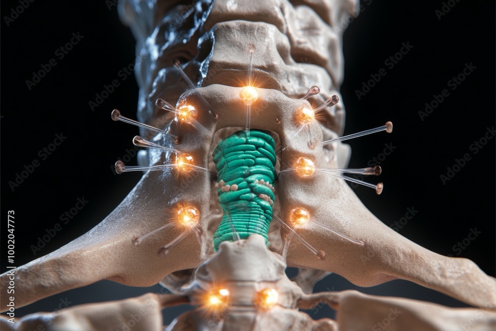 A close-up view of the spinal cord exiting the vertebral foramen ...