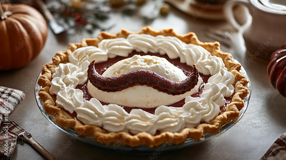 A pie that looks like a smiley face with a giant mustache made from ...