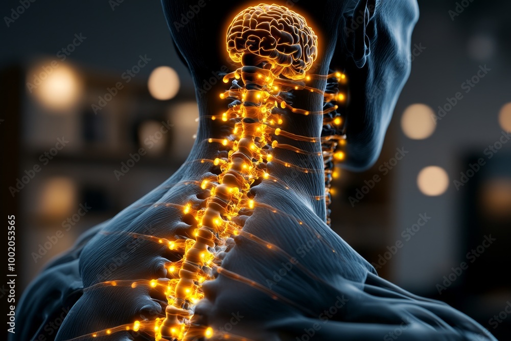 A realistic diagram of the human spinal cord, showing the path of ...