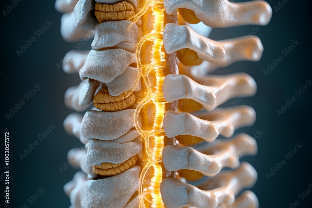 Hyper-realistic depiction of the spine and spinal cord, showing ...