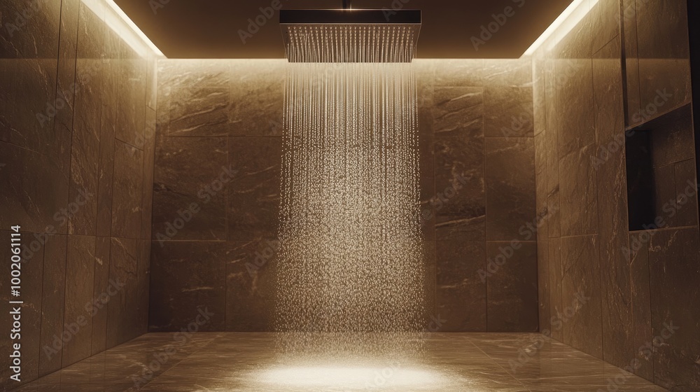Minimalist shower with rainfall water gently falling from a square ...