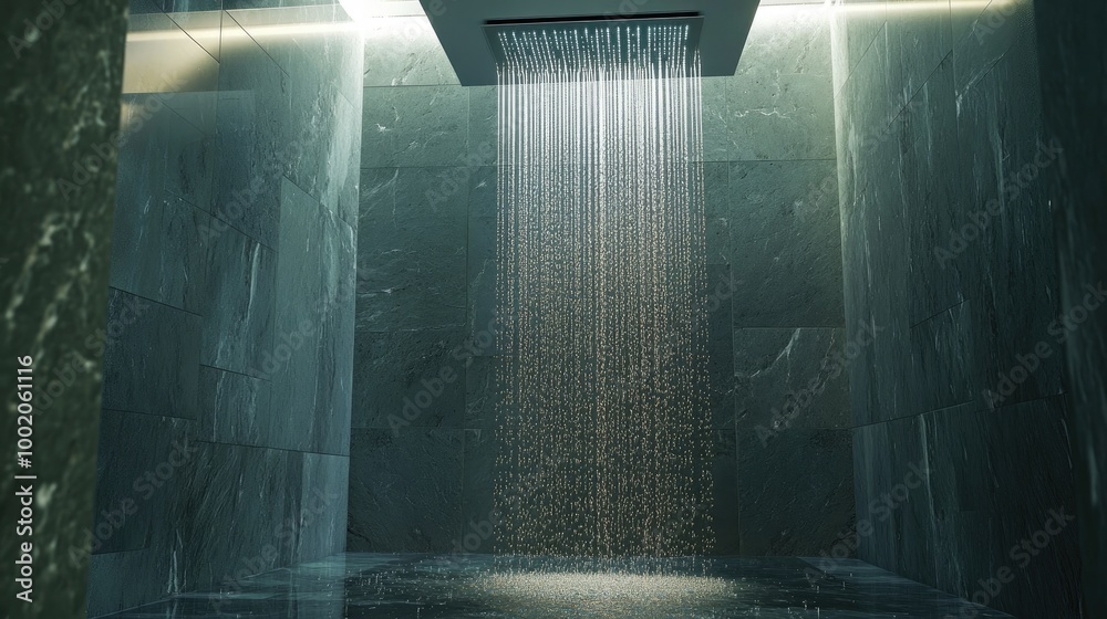 Minimalist shower with rainfall water gently falling from a square ...