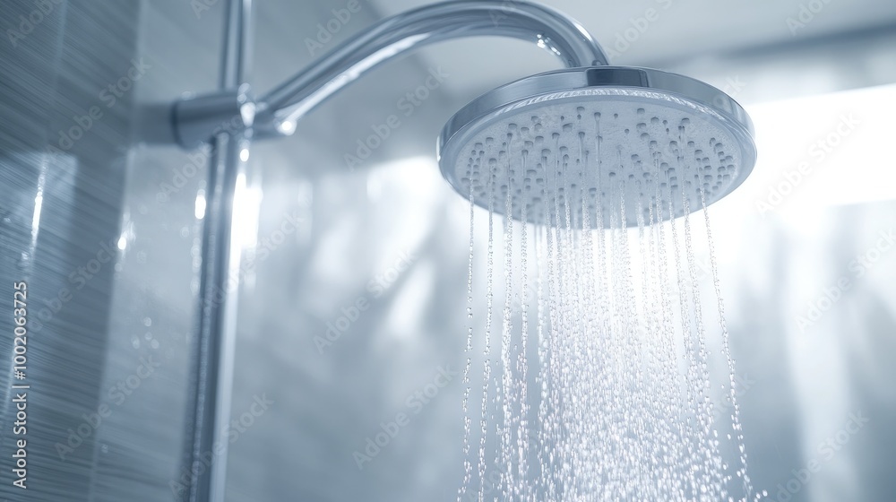 Steaming water flowing from a chrome showerhead in a modern bathroom ...