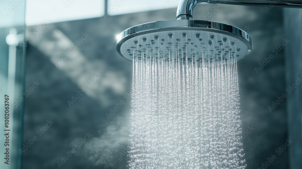 Steaming water flowing from a chrome showerhead in a modern bathroom, with the condensation ...