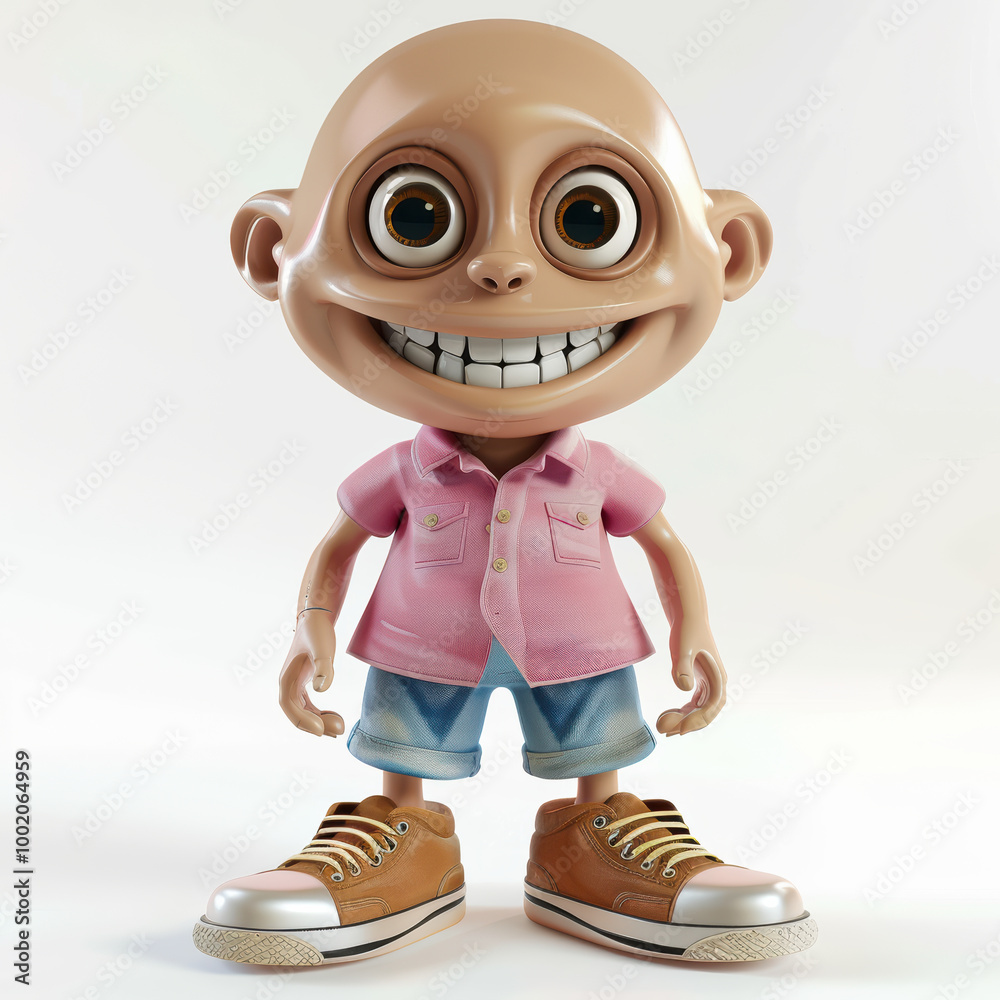 cheerful character with big head, wearing pink shirt and denim shorts ...