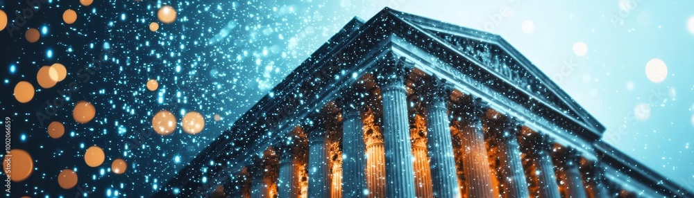 Bank buildings dissolving into streams of numbers, representing the ...