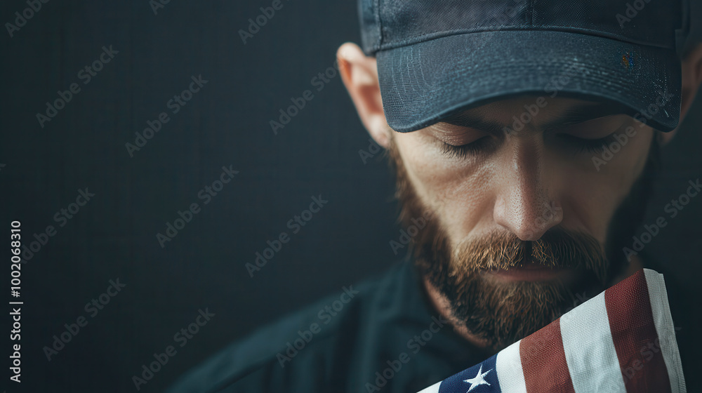 veteran holding folded American flag with his head bowed in tribute ...
