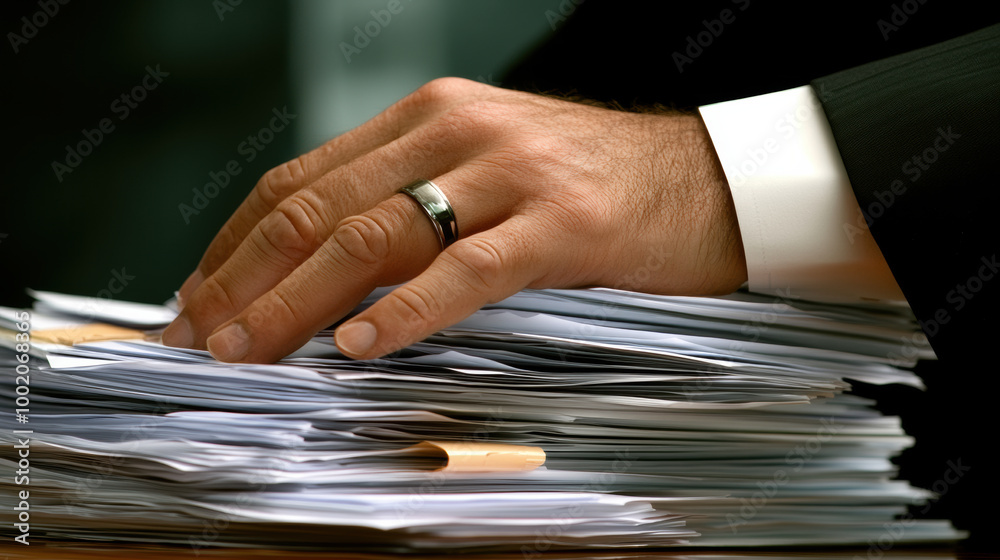 consultants hand resting on stack of papers, symbolizing hard work and ...