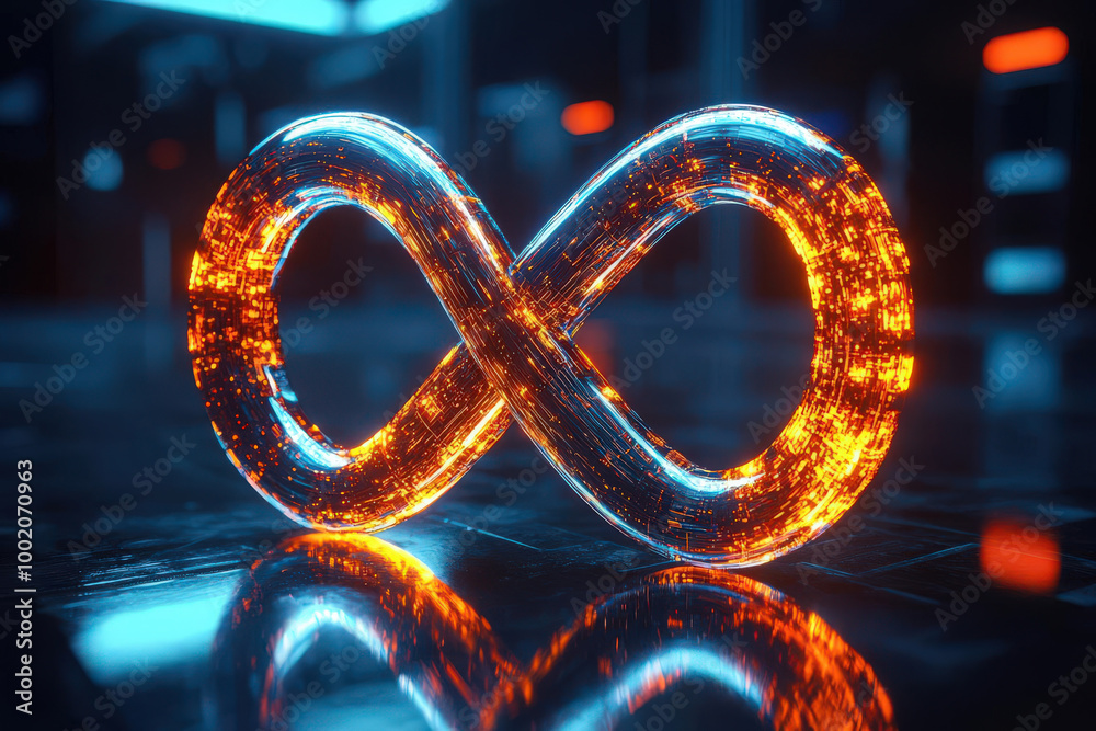 glowing infinity symbol made of vibrant orange and blue lights ...