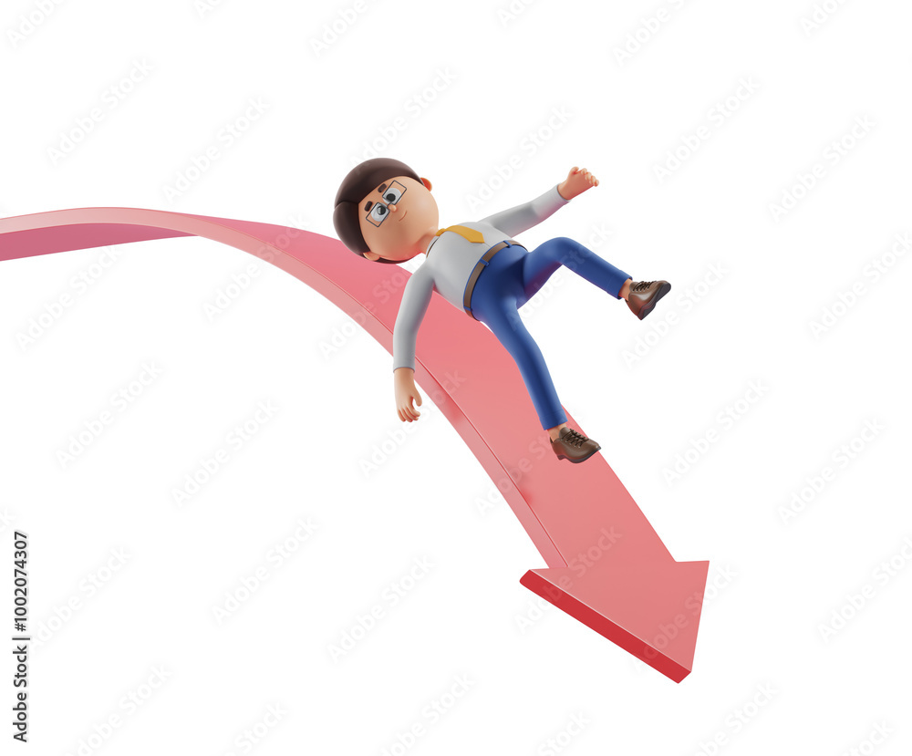 A cartoon businessman sliding down a red descending arrow. Isolated on ...