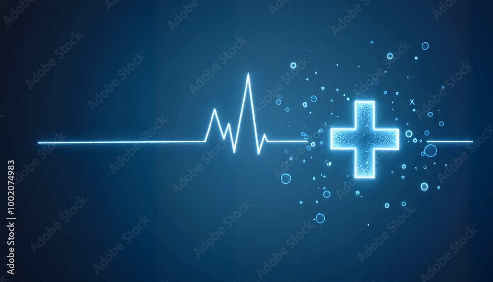 Blue healthcare pulse and cross symbol on dark background, medical ...