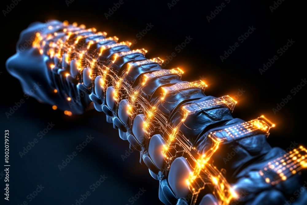 A cyber-enhanced human spinal cord, where glowing circuits intertwine ...