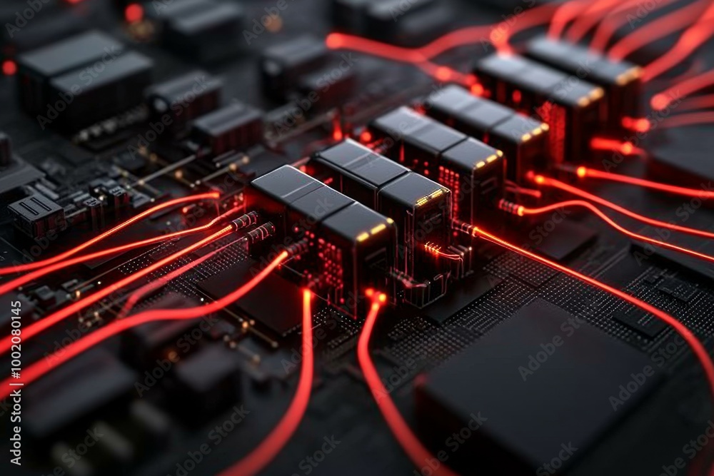 A digital virus spreading through a cyber network, shown as glowing red lines connecting data ...
