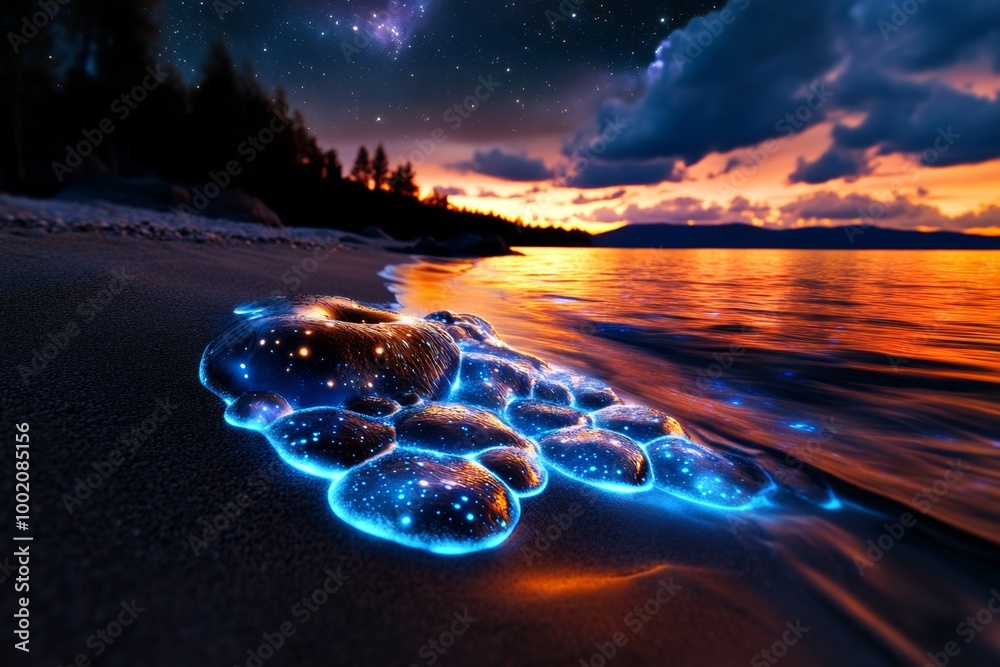 A mystical beach under a glowing, starry sky, where the ocean sparkles ...