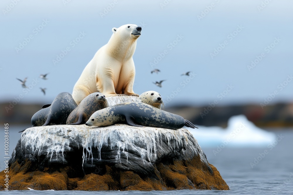 A polar region with diverse wildlife, featuring polar bears, seals, and ...