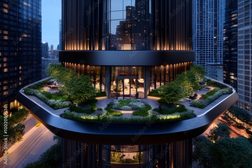 An urban rooftop garden integrated into the architecture of a high-rise ...