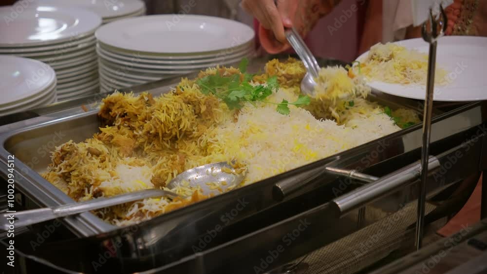 People put food on their plates. Catering buffet food in venue. Close ...