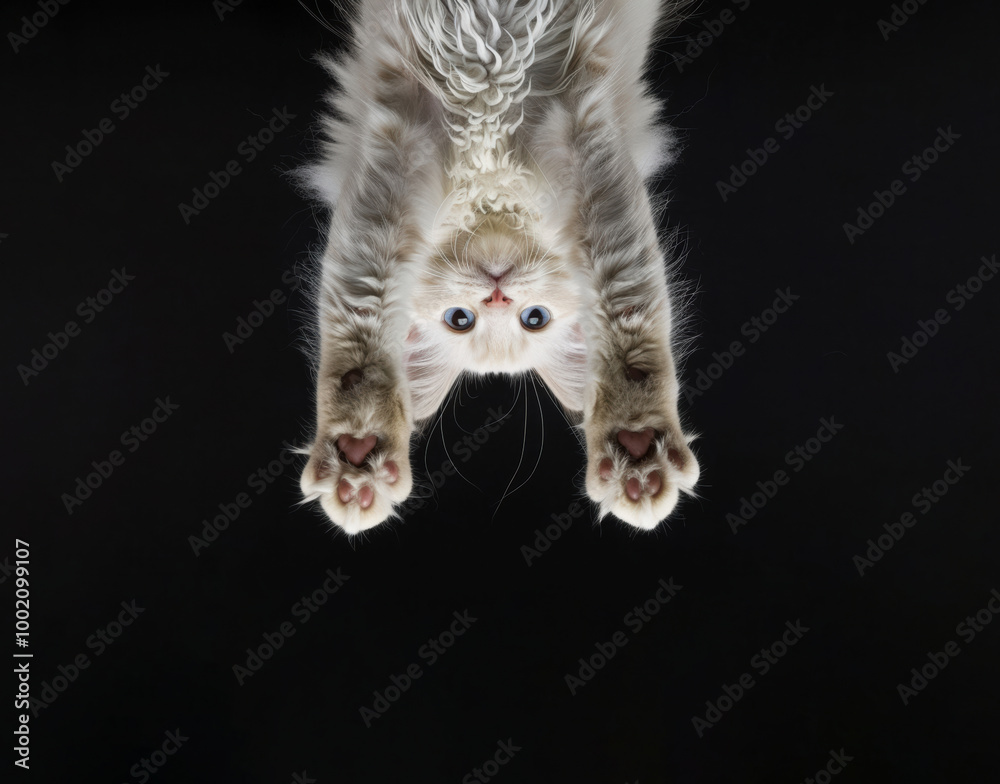 A bottom-up view captures a white Ragdoll cat with its paws raised ...