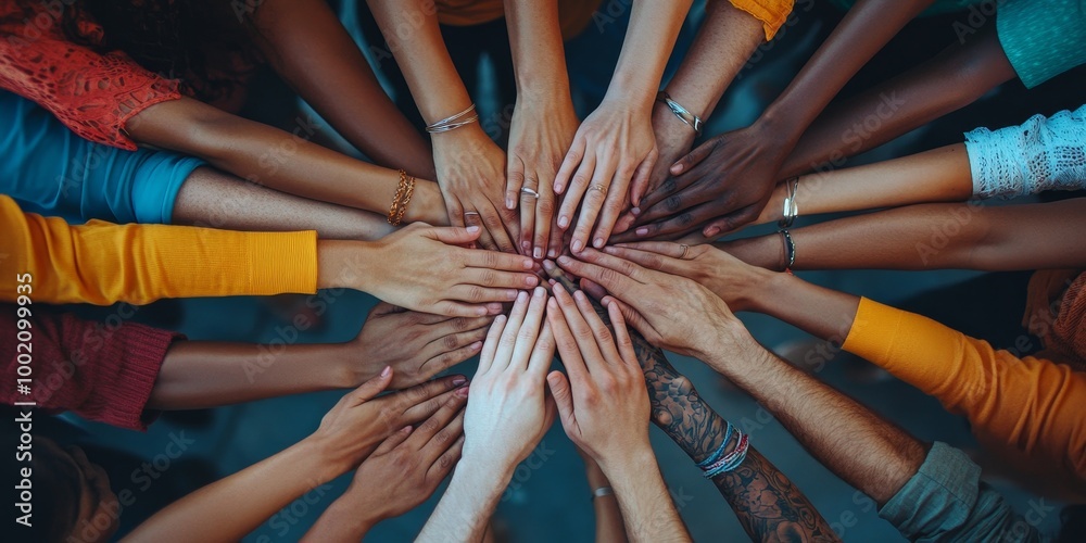 Group of arms and hands in a circle of multiethnic diverse people ...