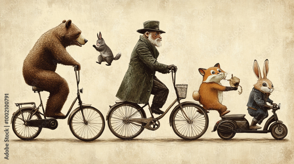 A brown bear is riding a bike. A fox, monkey, hippo, and rabbit are on ...