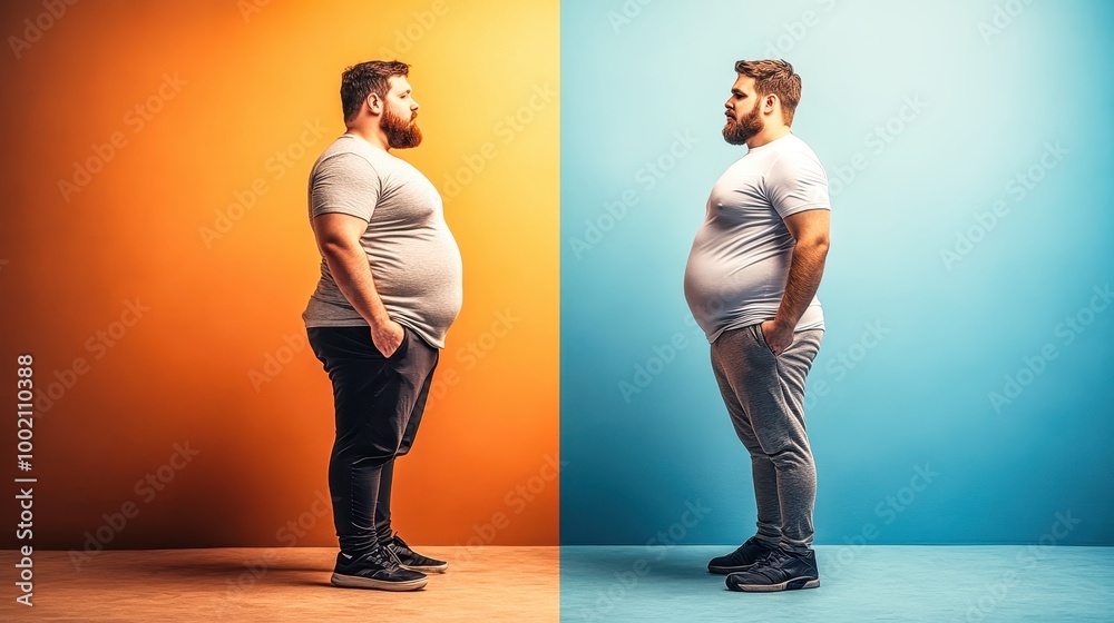 Overweight man comparing body fat before after weight loss progress ...