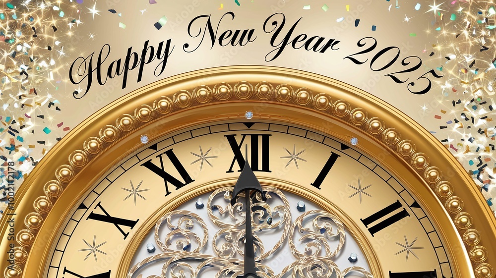 A golden clock face with Roman numerals showing midnight with the words ...