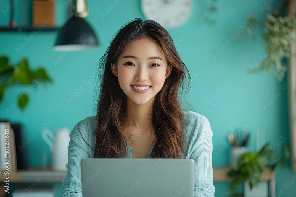 Asian office working girl with a radiant smile sits in front of her ...