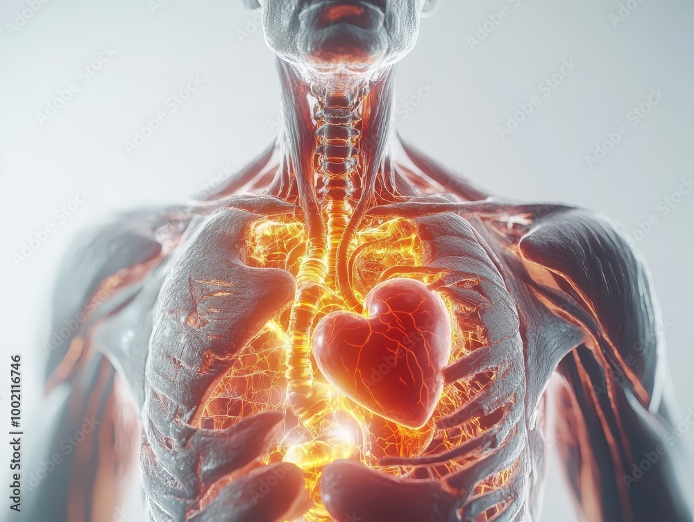 Detailed chest anatomy with pulsating organ pain, glowing heart and ...