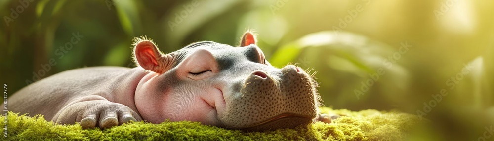 Sweet baby hippo napping on a bed of soft moss in a peaceful jungle ...