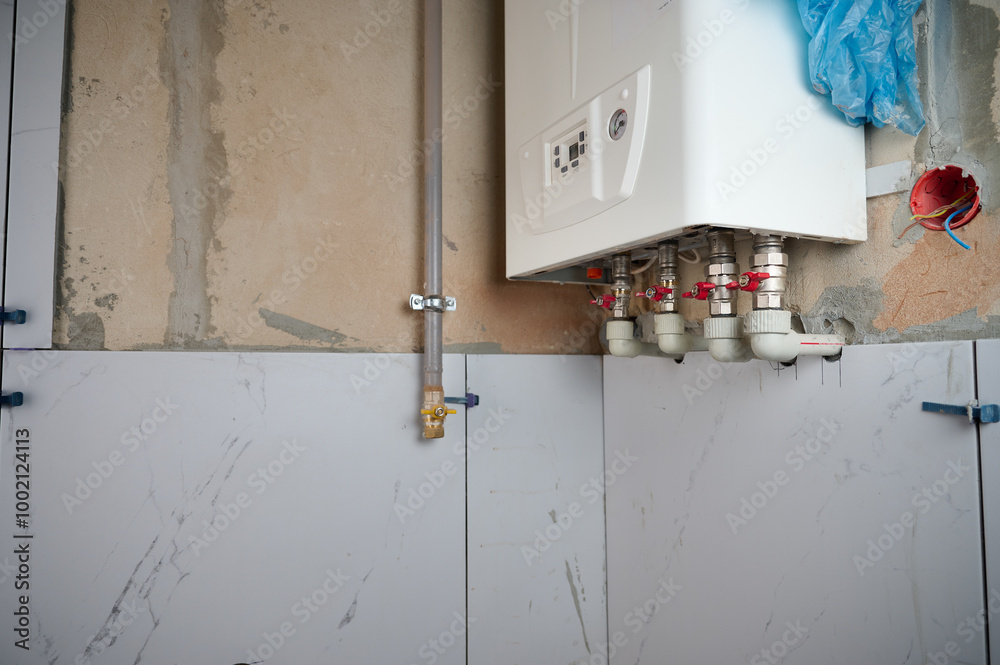 Double-circuit gas boiler on the wall. Plumbing connections and pipes ...