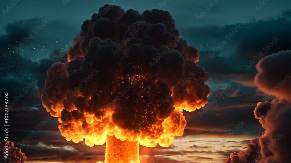 A massive nuclear explosion fills the sky with an orange and black ...