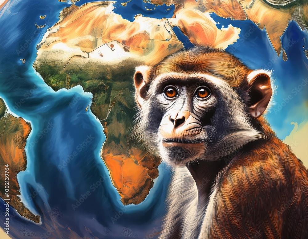 A focused monkey against the african continent map emphasizes the ...