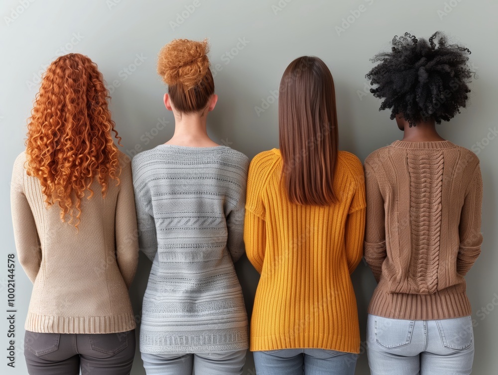 Four women with different hair colors and styles are standing next to ...