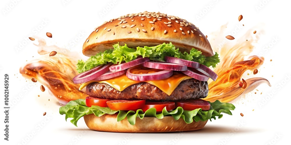 Grill Explosion with Burger. Burger on Fire Grill Action. Exploding BBQ ...