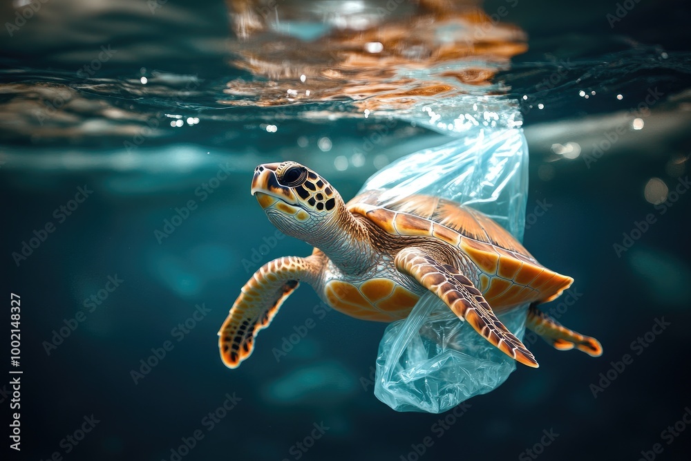 Sea turtle trapped in plastic bag. Illustrates the dangers of plastic ...